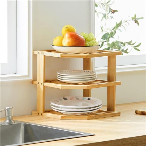 Kitchen | Kitchen Corner Shelf Bamboo Corner Cabinet Shelf 3 Tier Plate ...